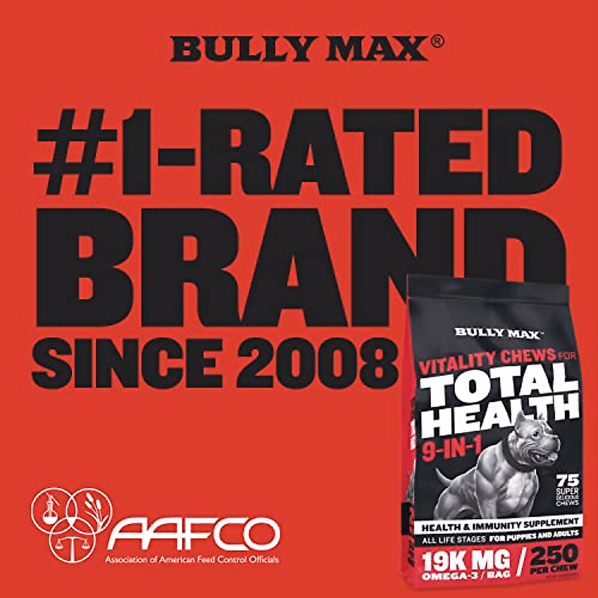 Dog Vitamins Total Health Dog Chews by Bully Max | Puppy and Adult Dog Omega 3 Supplement | Health and Immunity Vitality Chews | Performance Series Muscle Builder for All Breeds | 75 Chews per Bag