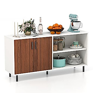 Giantex Buffet Sideboard, Modern Storage Cabinet with 2 Doors and Open Shelves, 58” Kitchen Cupboard with Metal Legs, Coffee Bar Cabinet for Kitchen, Living Room, White & Walnut