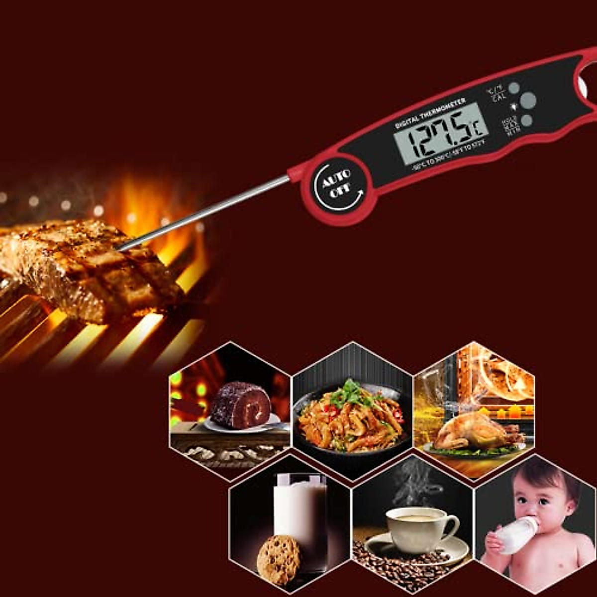 Instant Read Digital Meat Thermometer Waterproof (IP67) Read Food Thermometer for Cooking, Grilling, BBQ and Roast with Backlight Foldable Kitchen Probe Gadget.| Digital Meat Thermometer