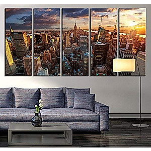 ART New York Sundown Canvas Print, Large Wall City Landscape, Extra Large Cityscape Big Apple New York Wall Print - 60x32 Inch Total