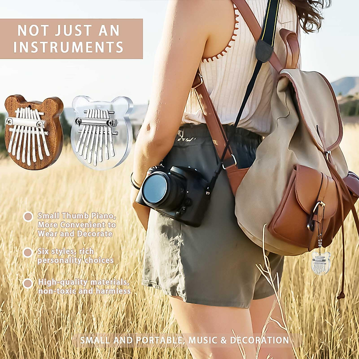 2 Pack Mini Kalimba Thumb Piano 8 Keys,Portable Solid Wood and Acrylic Mbira Finger Piano for Kids and Adults,Pocket Musical Gifts for Beginners w/Chain