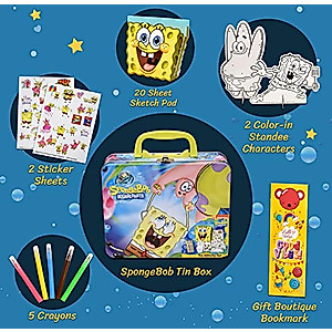 Gift Boutique SpongeBob Squarepants Coloring and Activity Tin Box, Crayons Stickers Mess Free Craft Kit for Toddlers Boys Girls Kids, Bookmark Included