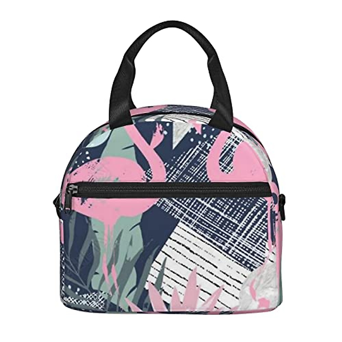 Pink Flamingo And Leaves Printed Lunch Bag, Lightweight And Durable, Adjustable Shoulder Strap, Reusable Lunch Handbag, Portable Refrigerated Bag