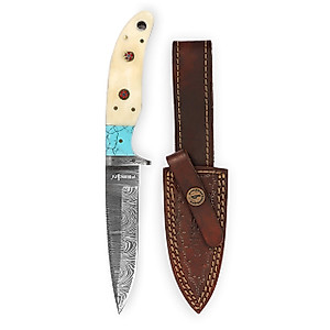 Perkin Handmade Damascus Steel Hunting Knife - Bone and Turquoise Handle -9 inches long