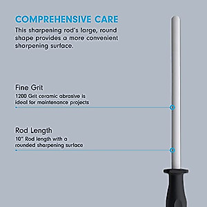 Messermeister 10” Ceramic Sharpening Rod - Knife Sharpener - Fine 1200 Grit - Break-Resistant Solid Ceramic Core, Large Sharpening Surface & Soft-Grip Handle