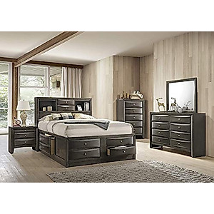 HABITRIO Queen Bed with Storage, Solid Wood Queen Size Bed Frame with Headboard (2 Bookcase, 2 Drawers), Footboard (4 Drawers), Rail with 2 Drawers, Wooden Slat, No Box Spring Needed, Gray Oak