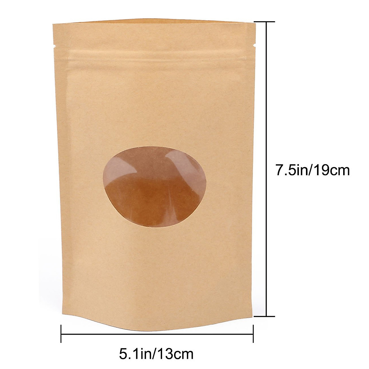 Katkitchen 100PCs Zip Lock Stand Up Kraft Paper Food Storage Bags Pouch with Round Window & Tear Notch, 5.1"x7.4" Food Saver Paper Party Gift Favor Wrap for Candy, Coffee Beans Nuts