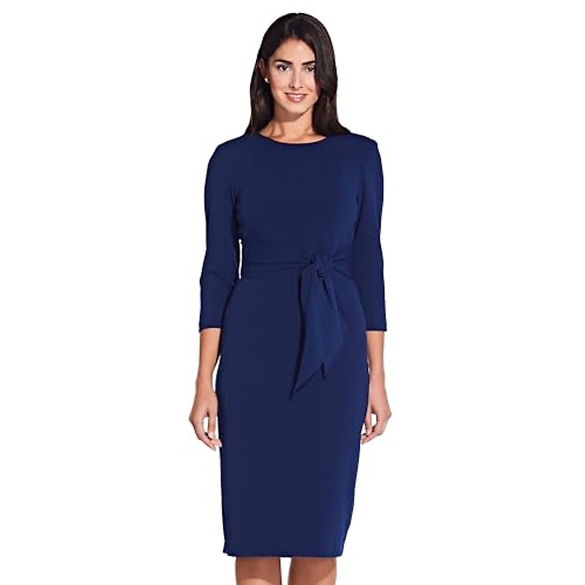 Adrianna Papell Womens Knit Crepe Tie Waist Sheath Dress, Navy Sateen, 10 US