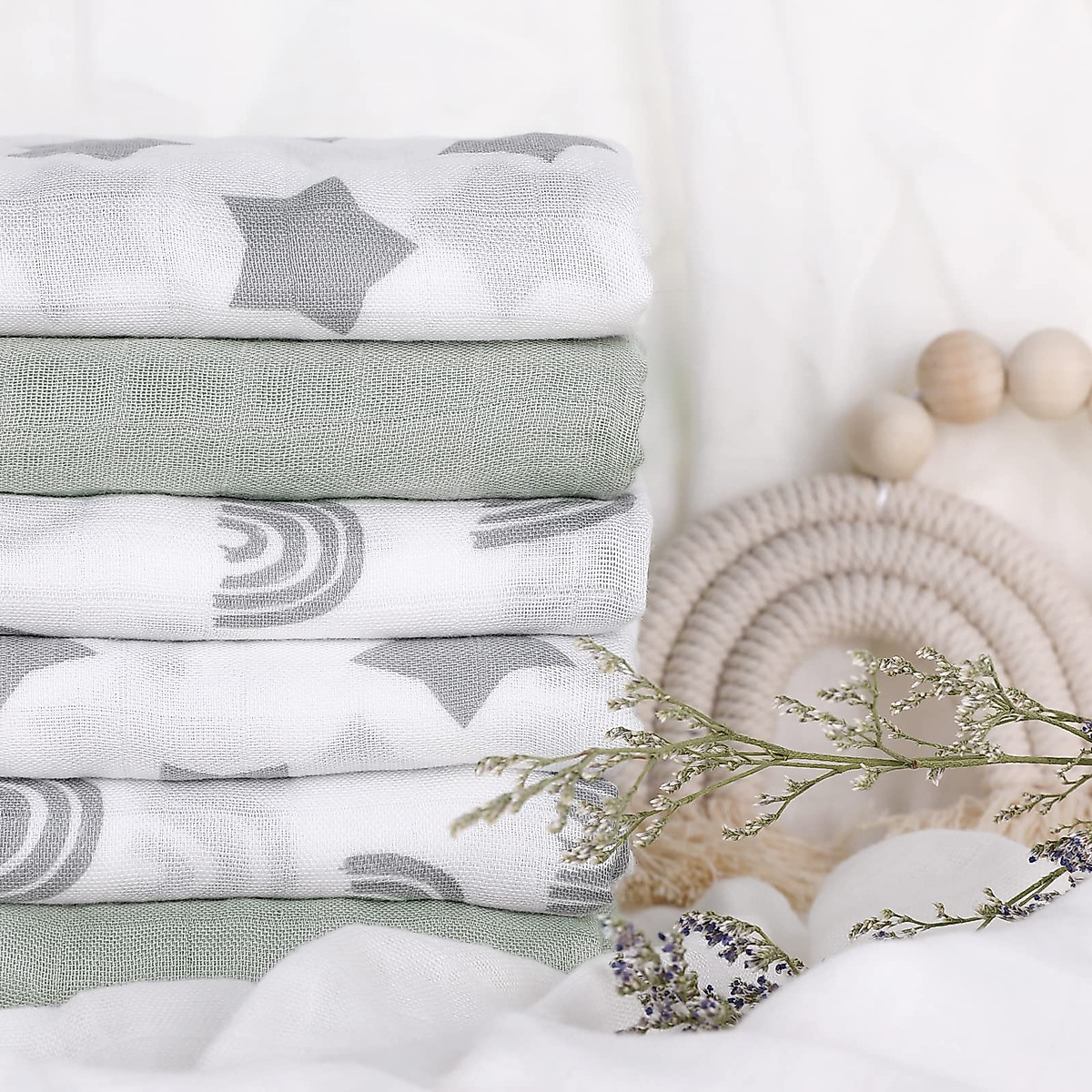 GLLQUEN BABY Receiving Blanket Boy Cotton Muslin Swaddle Blankets Girl Newborn Squares Breathable & Soft Thin Baby Blankets Cloths Double Absorbent Infant Swaddling Wrap - 6 Pack (Star)