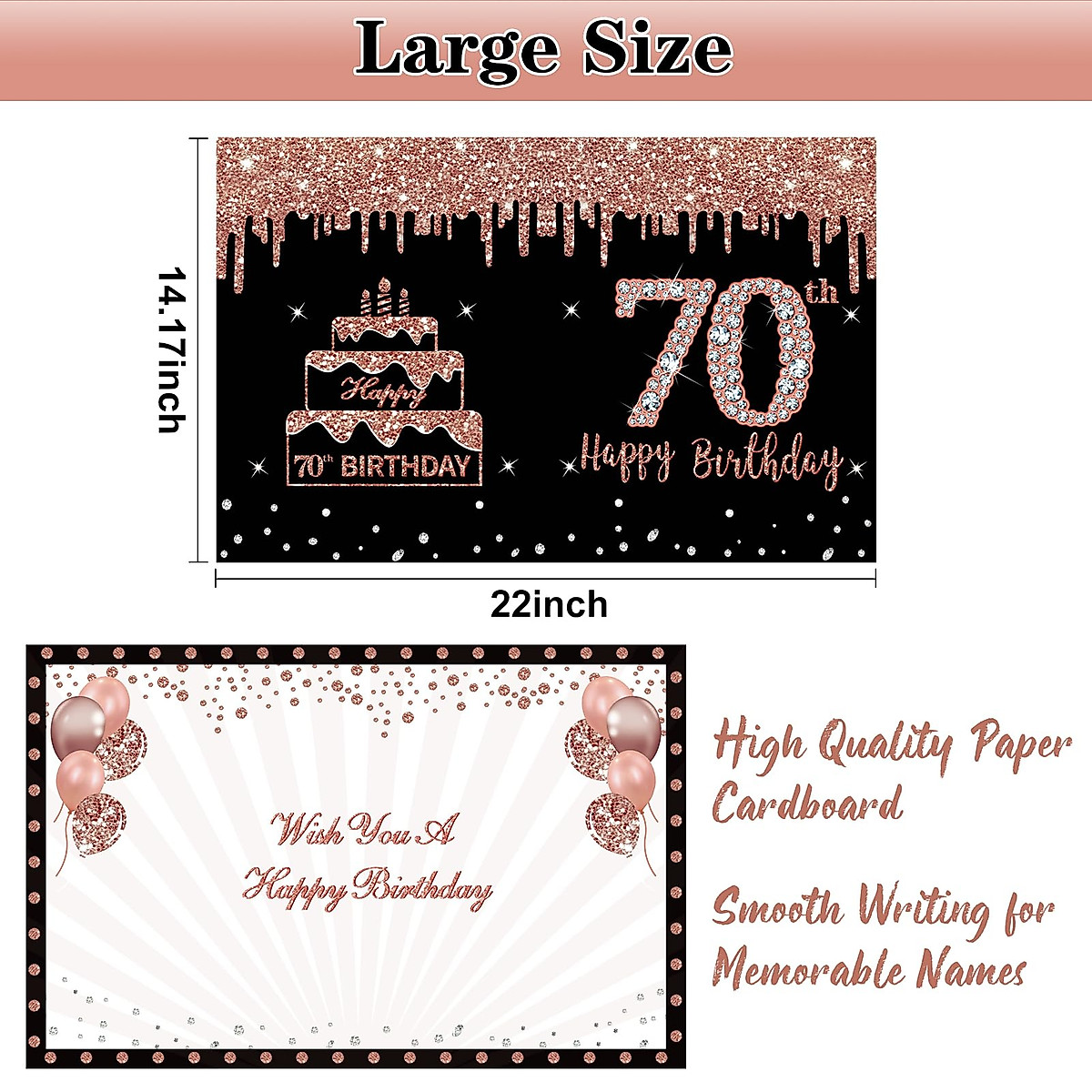 Kuxriox Large 70th Birthday Card With Envelope, Extra Big Guest Book Rose Gold 70th Birthday Greeting Card Women, Giant 70th Bday Card Gifts Party Supplies, Jumbo Seventy Bday Card(14 x 22 IN)