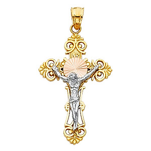 Wellingsale 14K Tri 3 Color Gold Polished Diamond Cut Religious Catholic Gothic Crucifix Charm Pendant