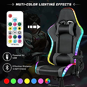 Gaming Chair with Speakers Video Game Chair with RGB LED Lights Ergonomic Racing Office Chair PU Leather Recliner Computer Chair Swivel E-Sports Chair with Lumbar Support Headrest Armrest, Black