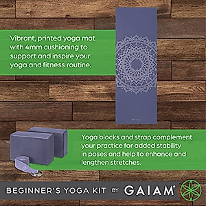 Gaiam Beginner's Yoga Starter Kit Set (Yoga Mat, Yoga Blocks, Yoga Strap) - Light 4mm Thick Printed Non-Slip Exercise Mat for Everyday Yoga - Includes 6ft Yoga Strap & 2 Yoga Bricks - Purple Marrakesh
