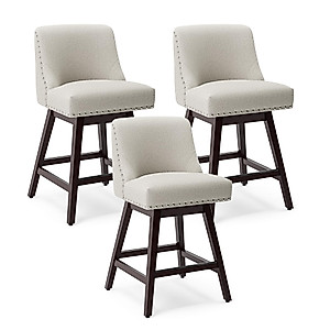 Cozyman 26 Inch Bar Stools Set of 3, Light Gray Swivel Counter Stools with Back, Linen Fabric Upholstered Barstools, Solid Wood Legs with Footrest, Modern Bar Stool for Kitchen Island, Pub