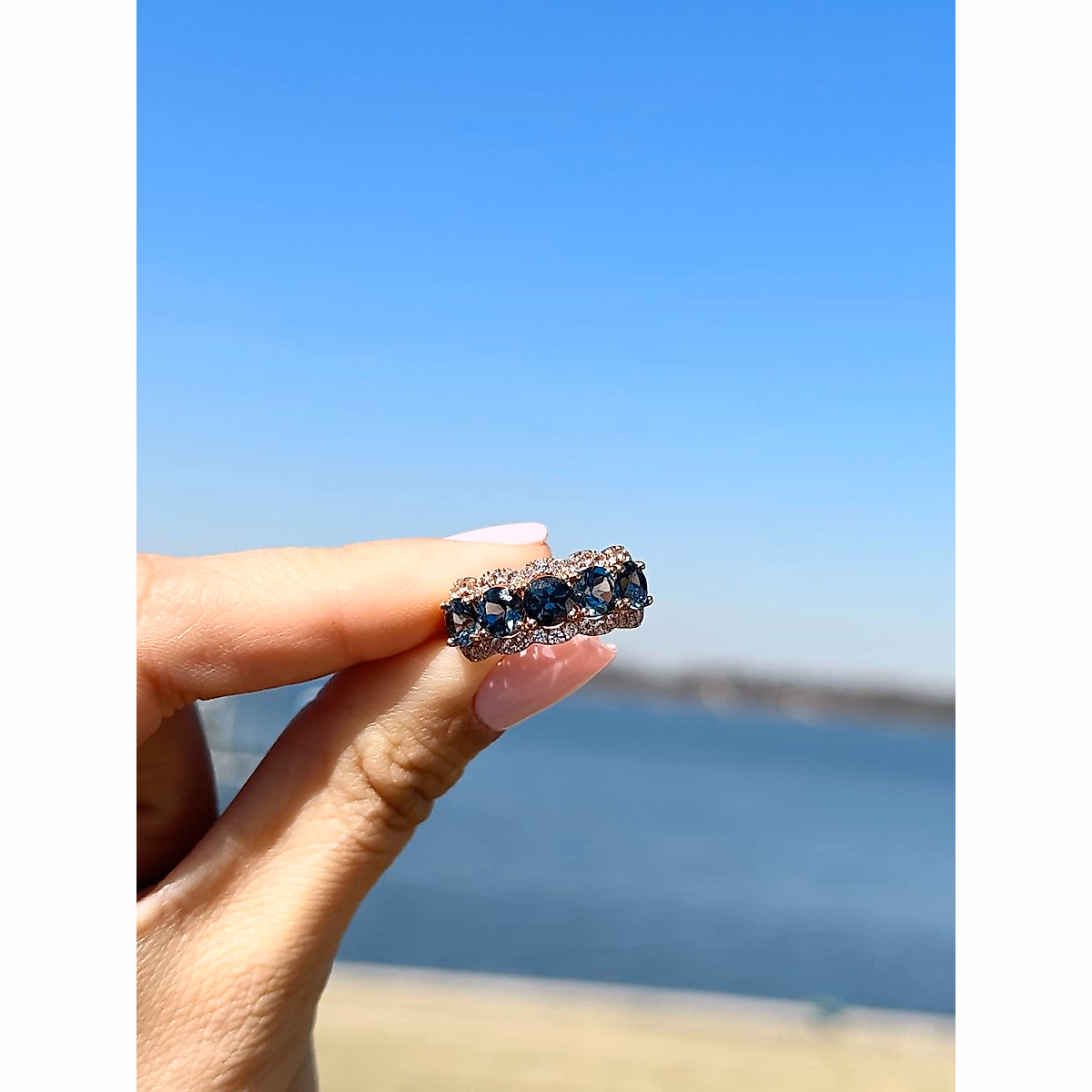 LE VIAN 3 Carat White and Blue Topaz Wedding Band Ring for Women in 14k Rose Gold Anniversary Promise Ring Size 7