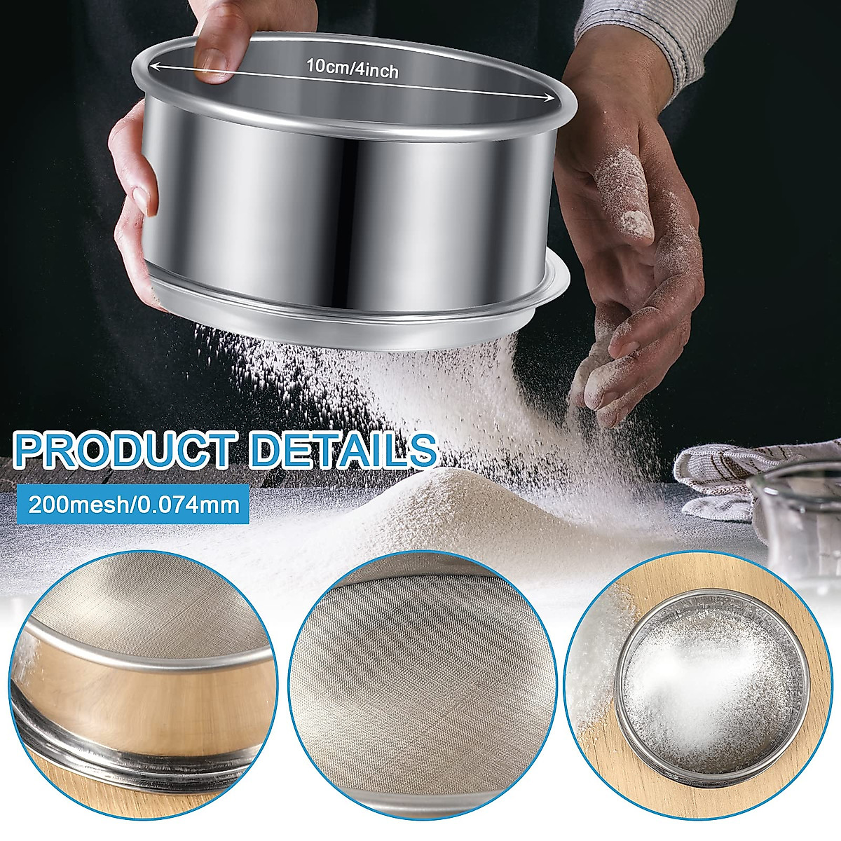 Youyole 200 Mesh Lab Sieves 10 x 4 cm Test Sieve 304 Stainless Steel Wire Cloth (0.074 mm) Aperture for Industrial Laboratory