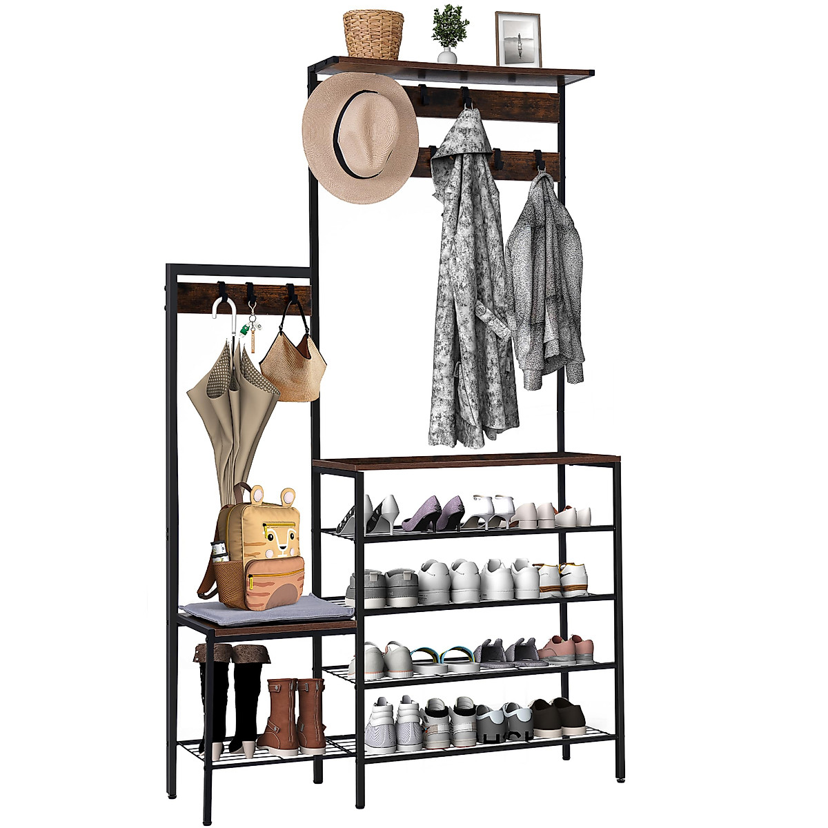 Lynxor Hall Tree with Bench and Shoe Storage, Entryway Coat Rack Shoe Bench with Mat, Freestanding 4-in-1 Coat and Shoe Rack with Wall Rack 9 Hooks Top Shelf for Entrance Foyer Rustic Brown