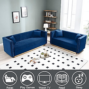 Vanress 78" Velvet Upholstered Sofa,Modern Tufted Couch 3 Seater,Square Arm, with Nailhead Trim and 2 Pillows for Living Room, Office (Blue)