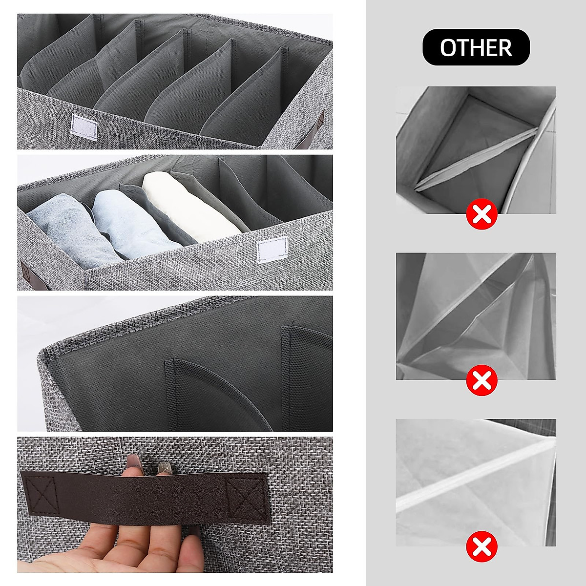 Ohlove 3Pcs Large Wardrobe Clothes Organizer with Lid, 6 Grids Foldable Stackable Fabric Drawer Organizer Dividers Storage Box for Jeans, Pants, T-shirts, Sweater, Scarves, Bras