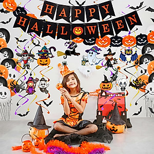 52 PCS Halloween Party Decorations Set Include Happy Halloween Banner, Pumpkin Banner, Hanging Swirl Streamers, Bats Wall Decor, Halloween Balloons Home Decor Party Favors Supplies