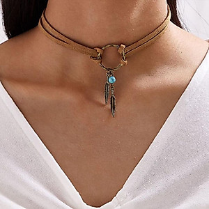 FINREZIO Native American Jewelry Leather Choker Necklace Earring Set for Women Handmade Bohemian Dream Catcher Long Faux Feather Drop Dangle Earrings Retro Necklace Set