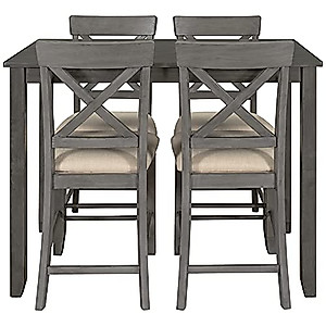 Winwee 5-Piece Wooden Counter Height Dining Table Set with Padded Chairs Rectangle Dining Table with 4 Padded Chairs, Grey
