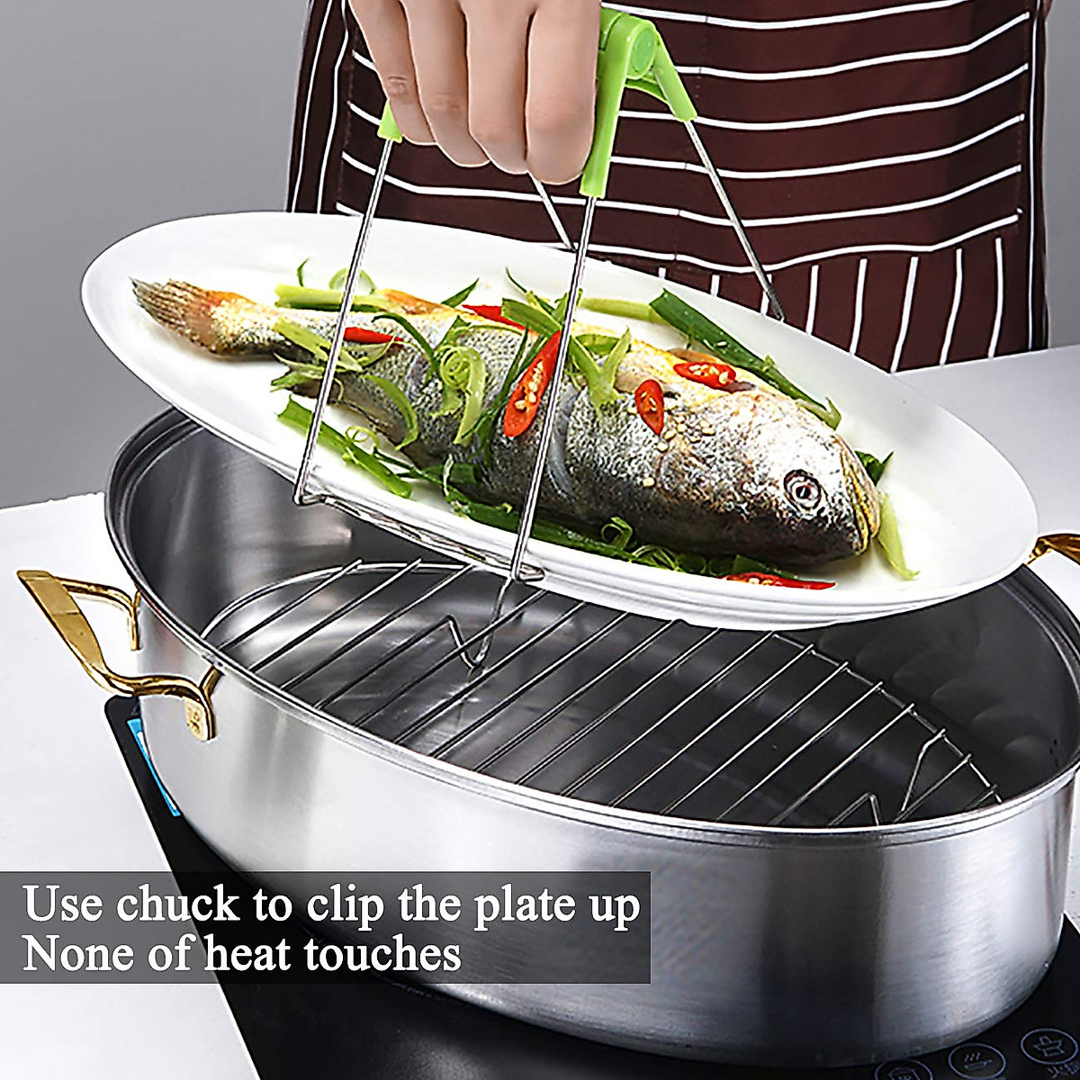 Eglaf 8Qt Stainless Steel Fish Steamer - Multi-Use Oval Cookware with Rack, Ceramic Pan, Chuck - Stockpot for Steaming Fish, Boiling Soup