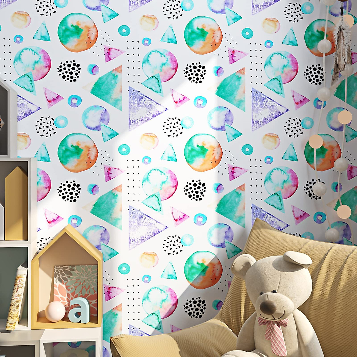 ReWallpaper 17.5in x 23ft Colorful Geometric Wallpaper Peel and Stick Wallpaper Watercolor Removable Vinyl Wallpaper for Bedroom Cabinets Kids Classroom Stick on Wallpaper Self Adhesive Contact Paper