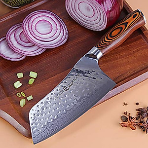 TUO Cutlery Cleaver Knife - Japanese AUS-10 Damascus Steel Hammered Finish - Chinese Chef's Knife for Meat and Vegetable with Ergonomic Pakkawood Handle - 7" - Fiery Phoenix Series