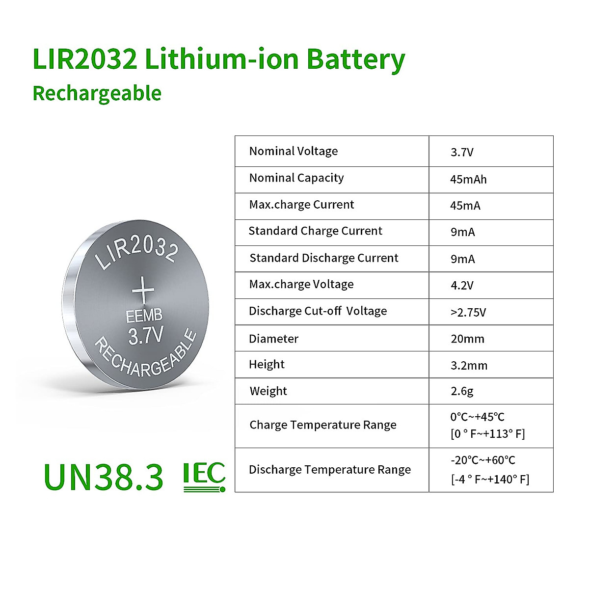 EEMB 10PCS LIR2032 Rechargeable Battery 3.7V Lithium-ion Coin Button Cell Batteries 45mAh 2032 Rechargeable Battery
