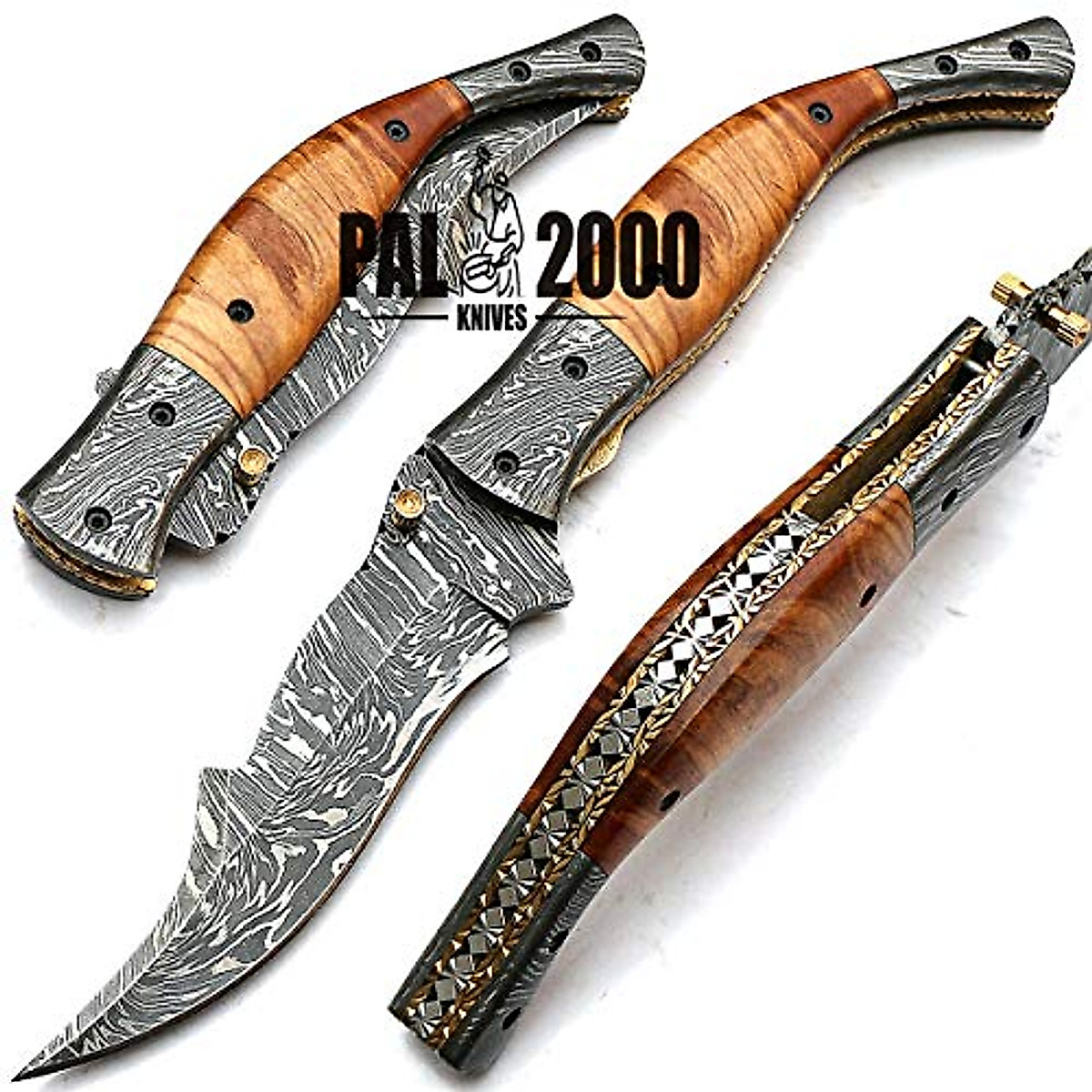 PAL 2000 HUNTING KNIVES FOL-8459 Handmade Damascus Steel Pocket Knife Olive Wood Handle With Sheath