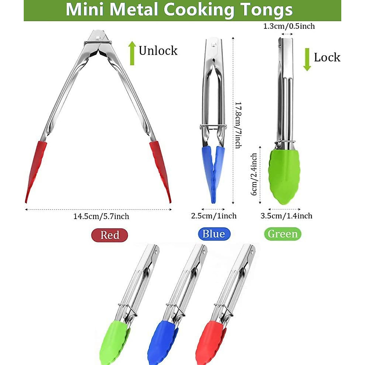 Premium Kitchen Tongs with Silicone Tip,Mini Metal Cooking Tongs 7 Inch Serving Tongs,Non-Stick,Stainless Steel,Heat Resistant Locking Cooking Tongs for Cooking,Barbecue,Salad,Grilling,Frying(3pcs)