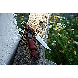 Uncle Henry 153UH Next Gen Golden Spike Knife with 5in High Carbon S.S. Fixed Blade, Staglon Handle, Sharpening Stone, and Leather Belt Sheath for EDC, Hunting, Survival, Camping and Outdoors,Brown