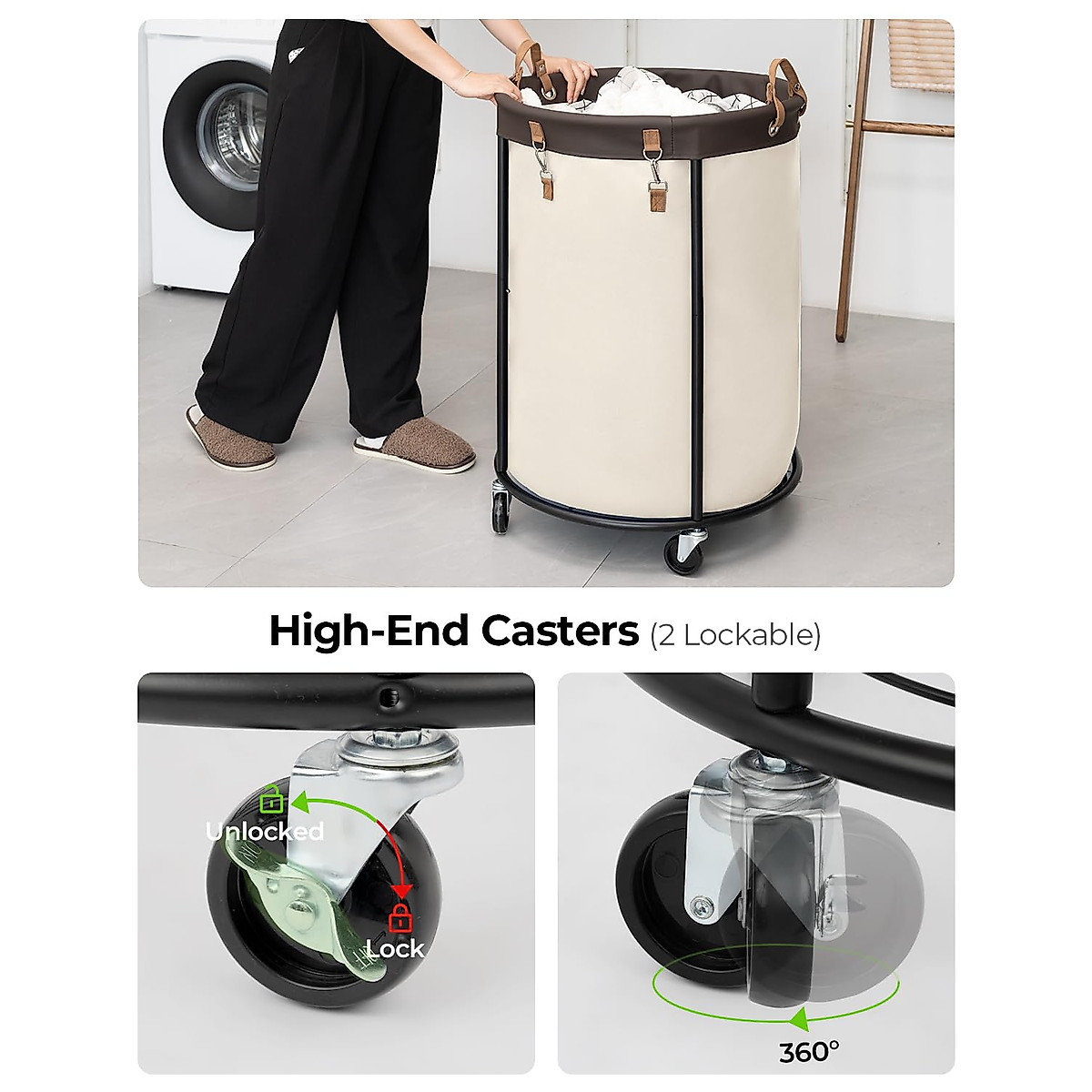 StorageWorks Laundry Basket with Wheels, 210L Extra Large Rolling Laundry Hamper, Round Laundry Cart with Steel Frame and Removable Bag, 4 Casters and 2 Brakes, Beige, 1-Pack