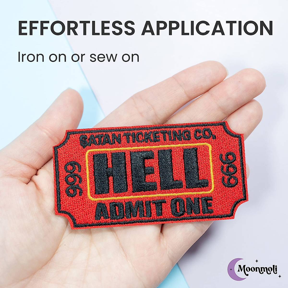 Moonmoli Ticket to Hell Admit One Iron on Embroidered Patches - 3"Wx1.5"H Red/Black Funny Patches – Iron on or Sew On Patches for Clothes, Jacket, Jeans, Hat, Backpack