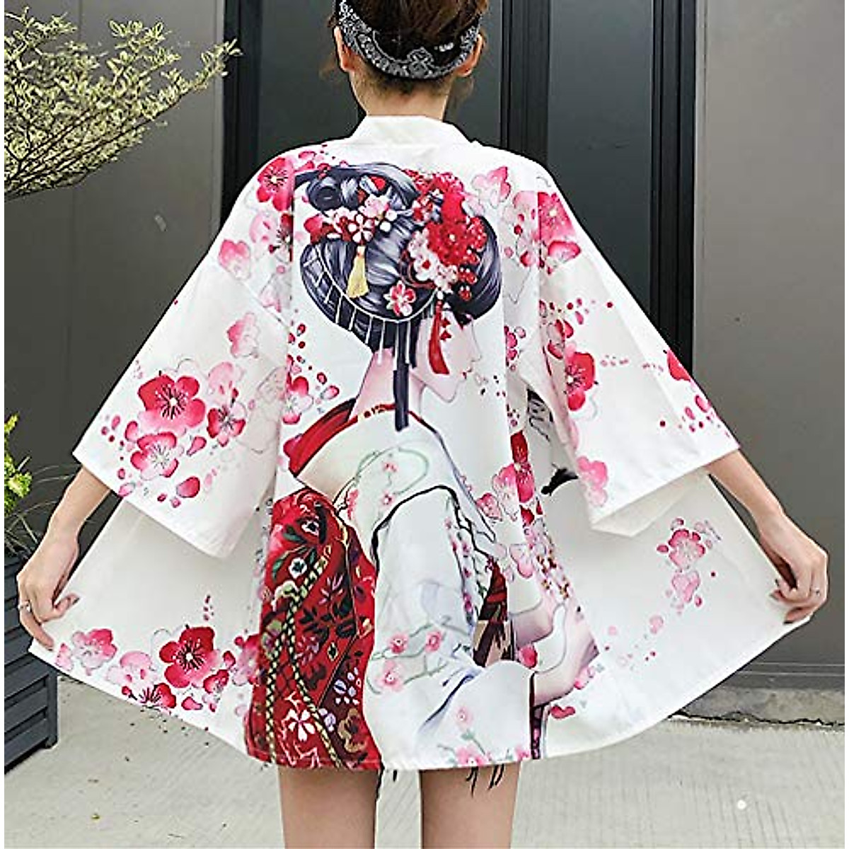 LAI MENG FIVE CATS Women's Floral Print Puff Sleeve Loose Blouse Japanese Kimono Cover up Casual Cute Tops
