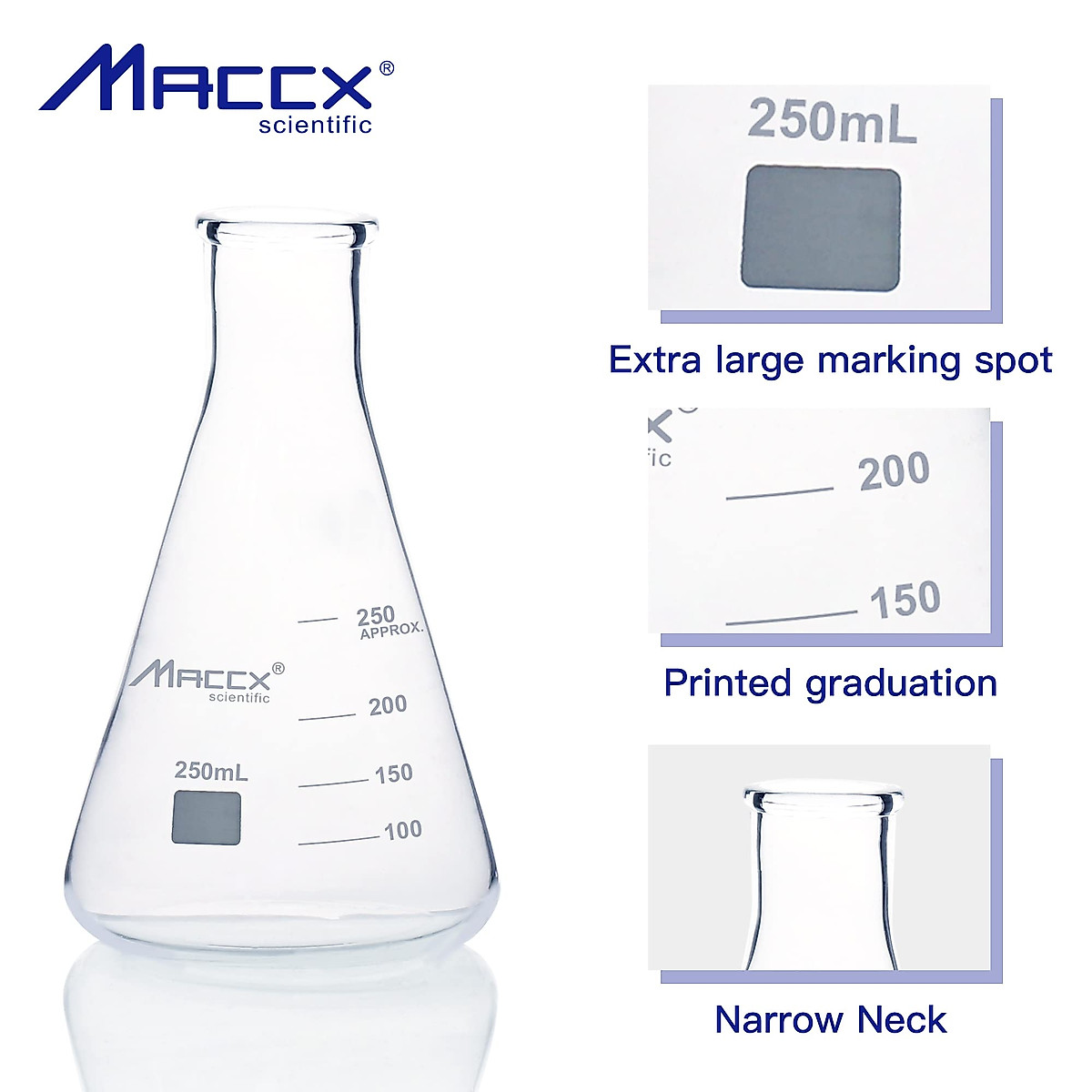 Maccx 8.5oz(250ml) Narrow-Mouth Sturdy Glass Erlenmeyer Flask, 3.3 Borosilicate with Printed Graduation, Pack of 4, EFN250-004