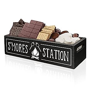 S'mores Station Box - Wooden Smores Bar Holder Caddy Tray Kit with Handles, Farmhouse Kitchen Decor Outdoor Food Container Smores Accessories Storage Organizer for Camping BBQ Birthday Party Gift