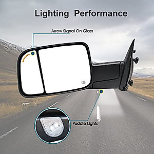Adanz Towing Mirrors fit for 2009-2018 Dodge Ram 1500 2500 3500 Pickup Truck Power Heated Temperature Sensor Arrow Signal on Glass Puddle Lamp Foldaway