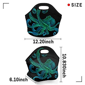 Insulated Neoprene Lunch Bag for Women Men Kids Watercolor Green Sea Octopus Lunch Box Reusable Small Lunch Tote Bag Cooler Bag for School Work Picnic