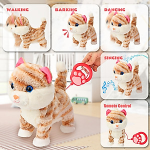 Cuteoy Walking Yellow Kitty Stuffed Animal Electric Interactive Musical Cat Plush Toy Meowing Wagging Tail with Remote Control Leash Nodding Pet Plushies Christmas Birthday Gifts for Kids Toddlers