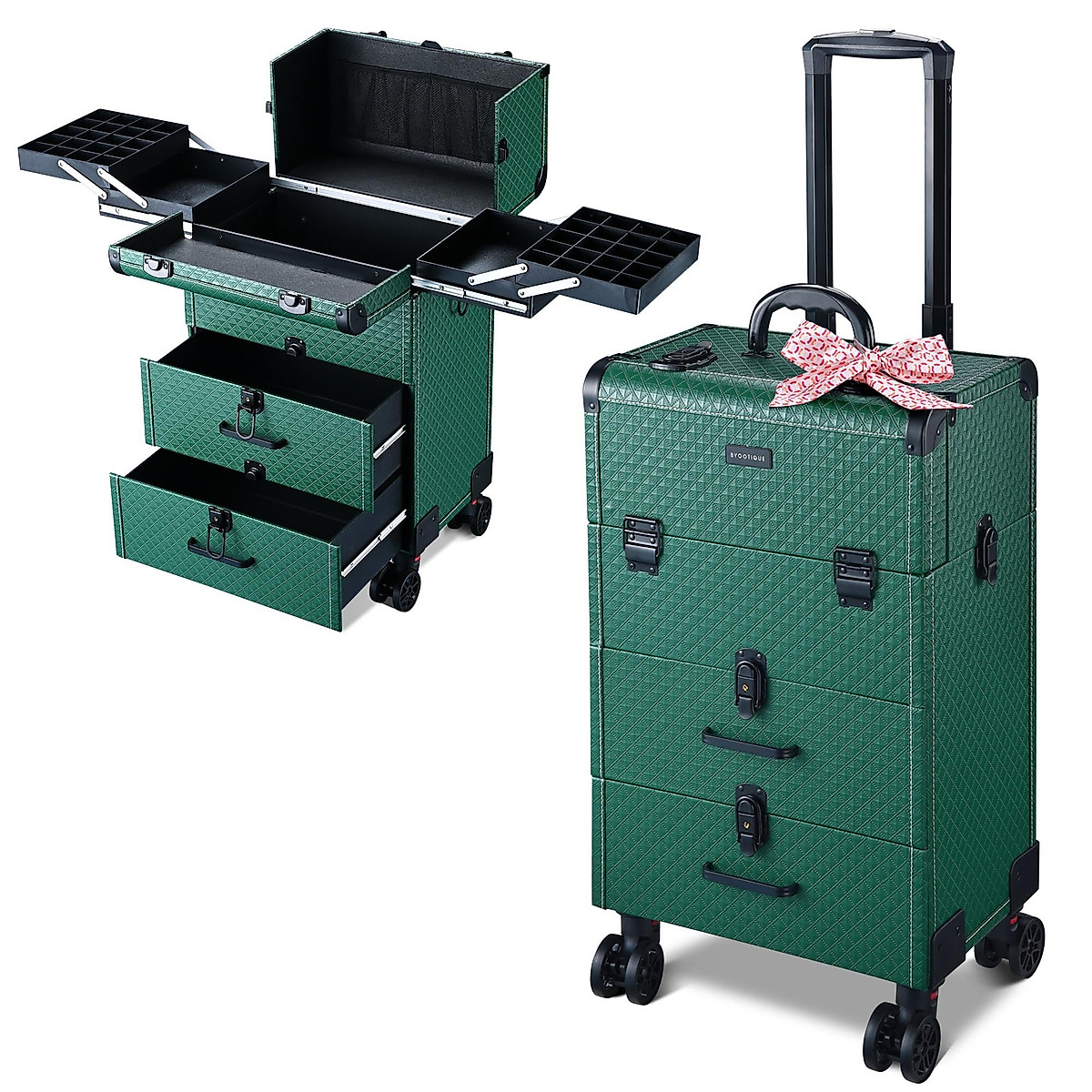 BYOOTIQUE Rolling Makeup Train Case Lockable Portable Cosmetic Organizer Trolley 2 Drawer Beauty Salon