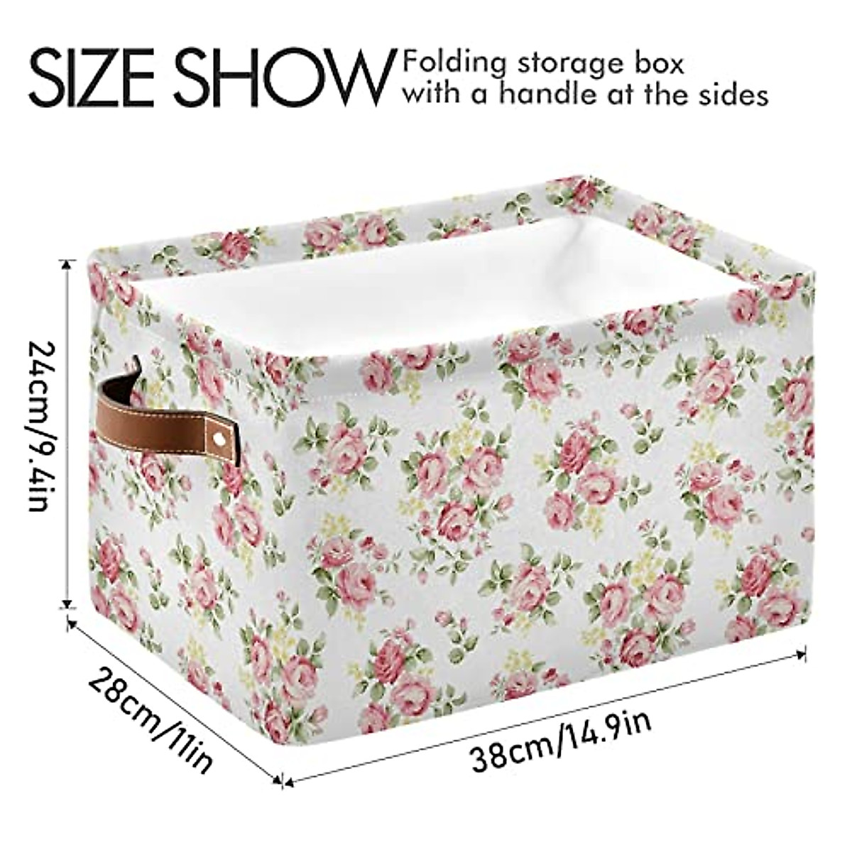 senya Large Foldable Storage Basket with Handles, Pink Rose Flower Floral Fabric Collapsible Storage Bins Organizer Bag for Baby Storage Toy Storage 15 x 11 x 9.5 inch