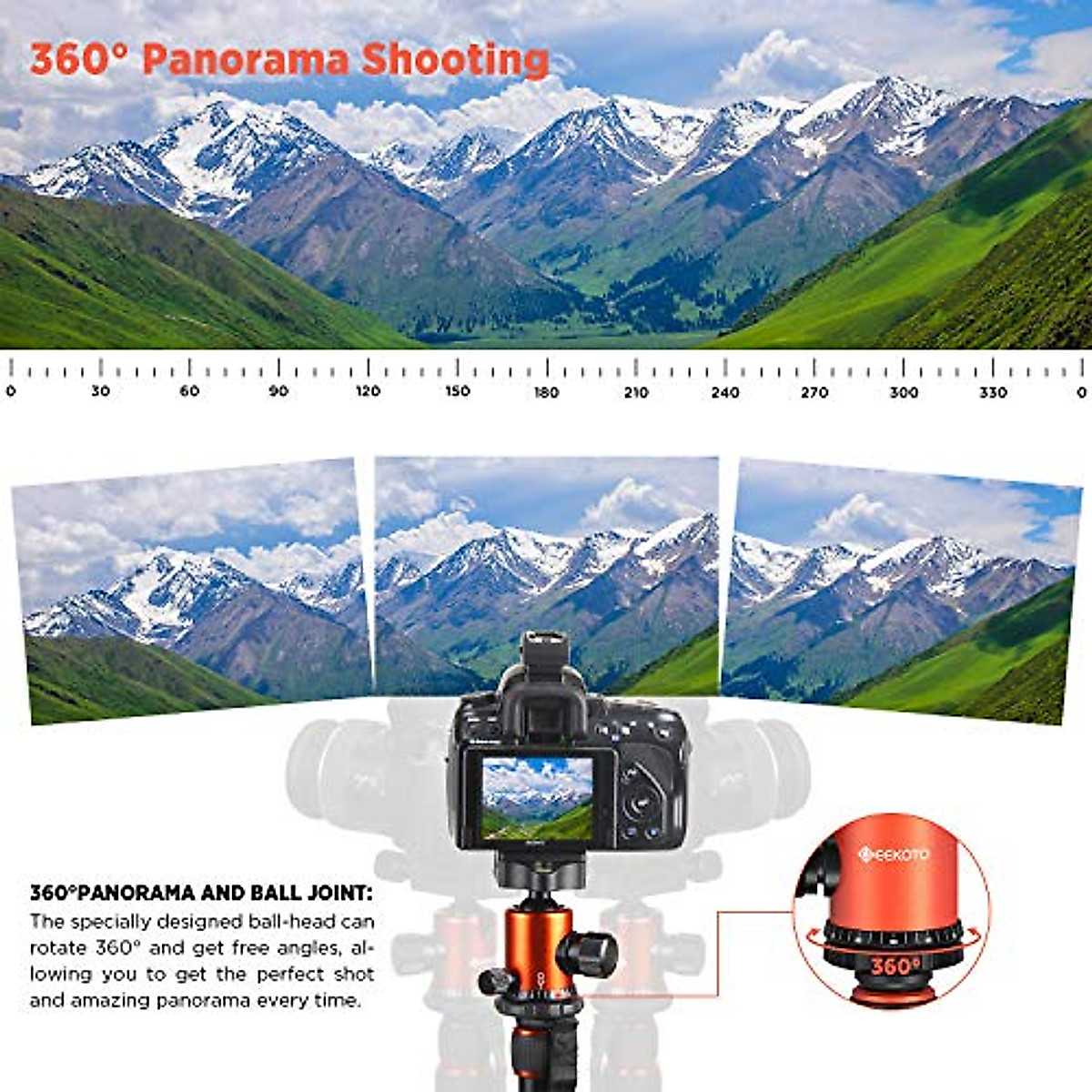 GEEKOTO 77’’ Tripod, Camera Tripod for DSLR, Compact Aluminum Tripod with 360 Degree Ball Head and 8kgs Load for Travel and Work