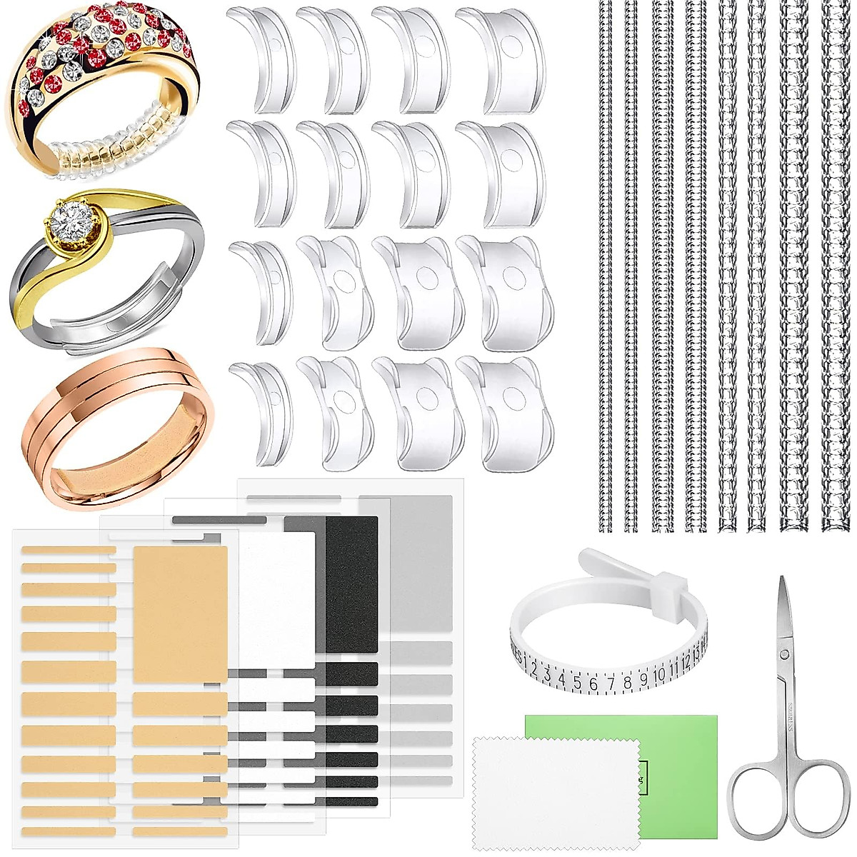 100 Pcs Ring Size Adjuster with Ring Size Measuring Tool for Loose Rings, Plug-in Invisible Ring Spiral Silicone Tightener EVA Foam Ring Size Adjuster Set with Polishing Cloth Fit Any Rings Sizes.