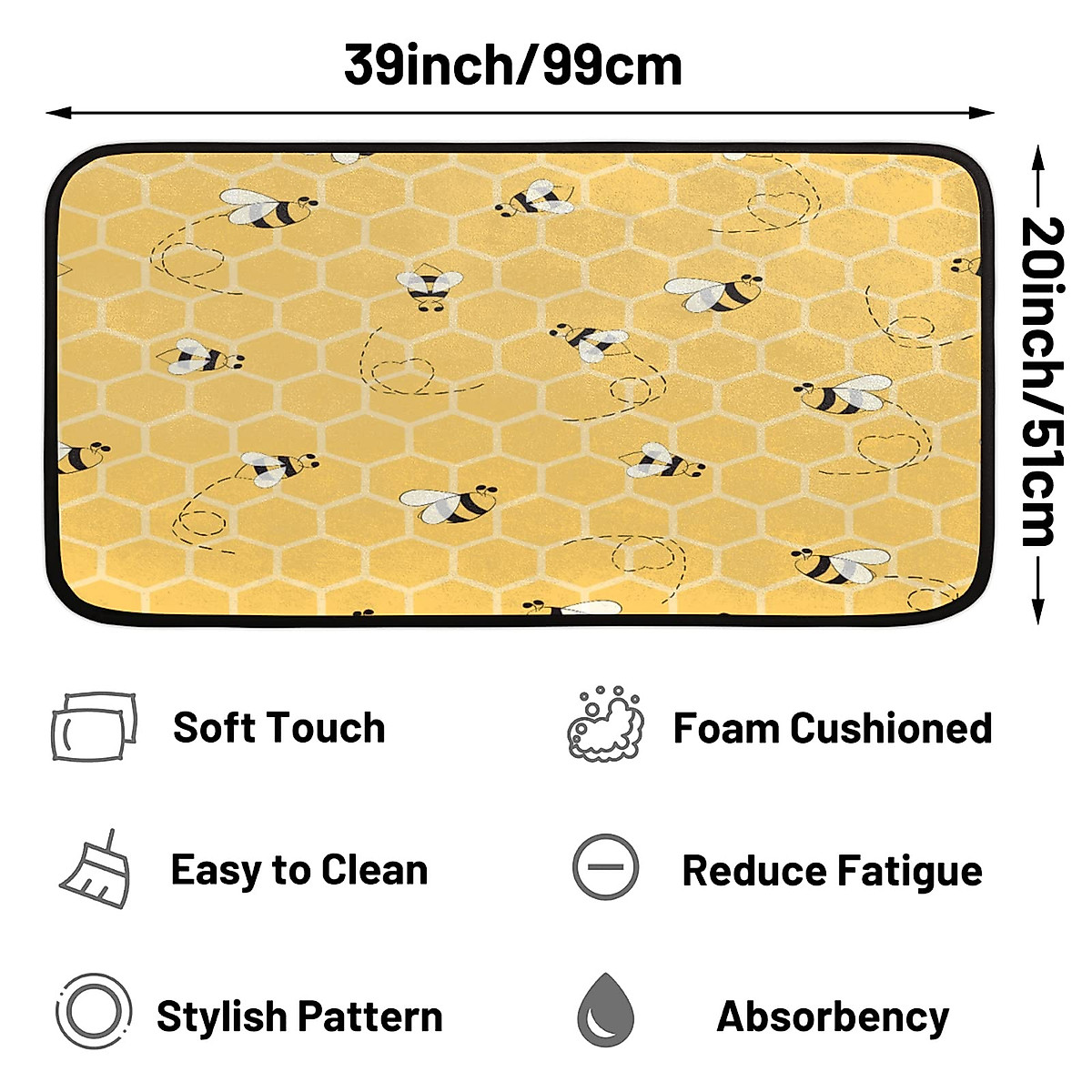 TropicalLife Honey Bees Kitchen Rug, Kitchen Mat 39" x 20" Non-Slip Cushioned Anti-Fatigue Floor Mat Washable Waterproof Bathroom Mat Doormat for Kitchen Floor Sink Laundry