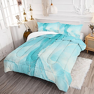 EDGZKO Blue Twin Comforter Set: Twin Size Light Blue Marble Bedding Sets for Teens Girls Kids Abstract Glitter Marbling Quilt Duvet Bed Set 1 Comforter & 1 Pillow Case