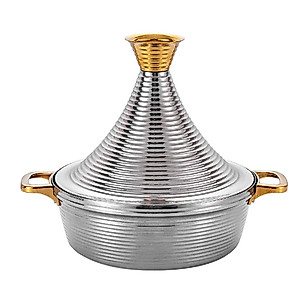 GFHVDC 304 Stainless Steel Moroccan Tagine Pot, Non Stick Moroccan Cooking Pot with 2 Handles, Large Moroccan Cooker Handmade Tagine Pot with Cone-Shaped Lid,Silver,29cm
