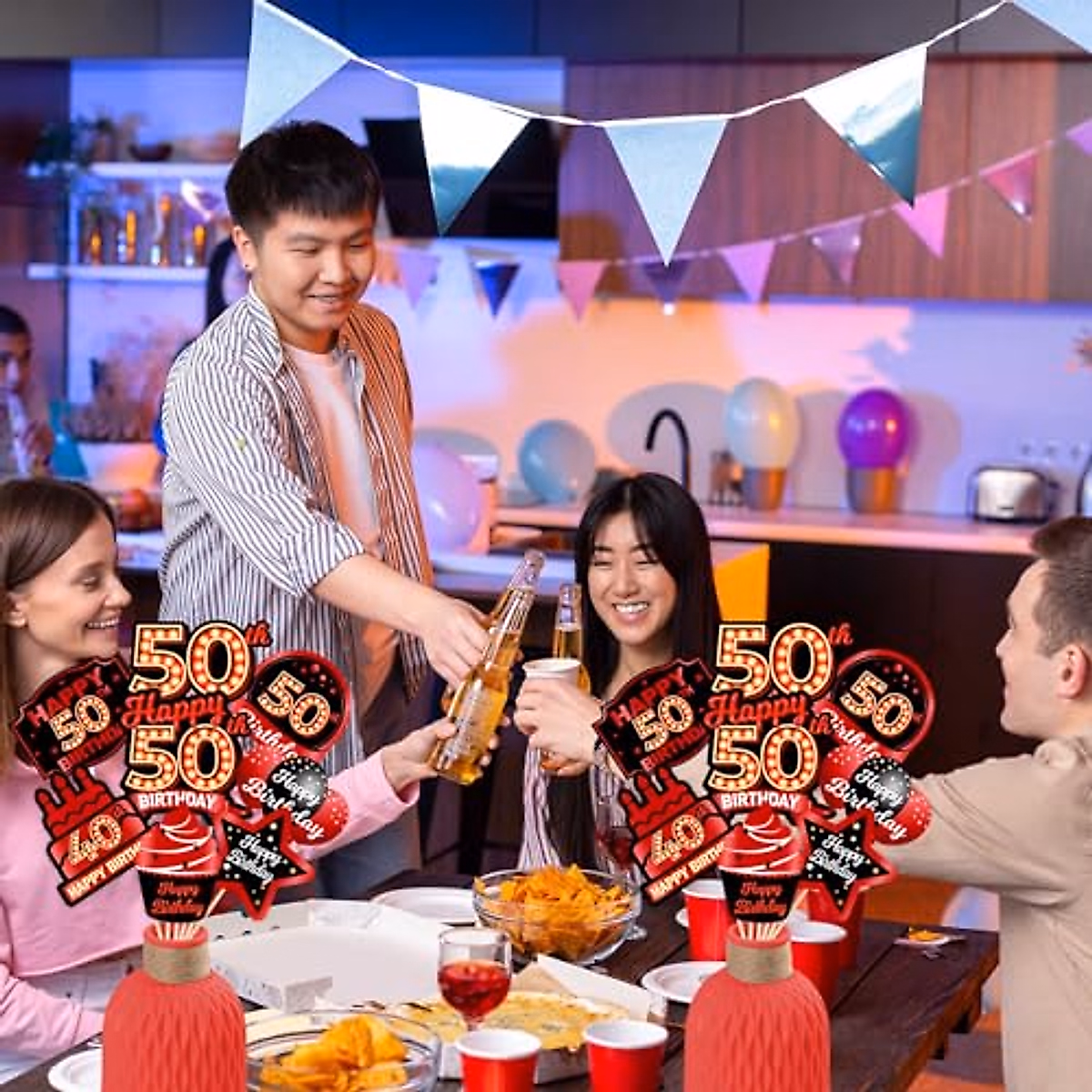 Happy 50th Birthday Red and Black Table Honeycomb Centerpieces Balloons Theme Decor Table Toppers Table Decorations for Girls Women Princess 50 Years Old Birthday Party Supplies Bday Background Gold