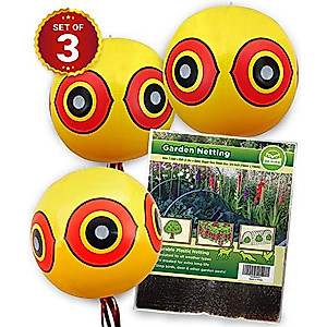 De-Bird Bundle Includes: Balloon Bird Repellent 3-Pk Scary Eye Balloons to Keep Birds Away & Heavy Duty Bird Netting to Protect Plants